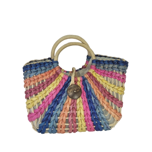 Bags | Vtg Woven Multi Colored Raffia Lined Beach Medium Tote Handbag ...